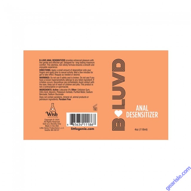 B-Luvd Anal Desensitizing Lube 4 oz Gentle Numbing Comfort Water-Based
