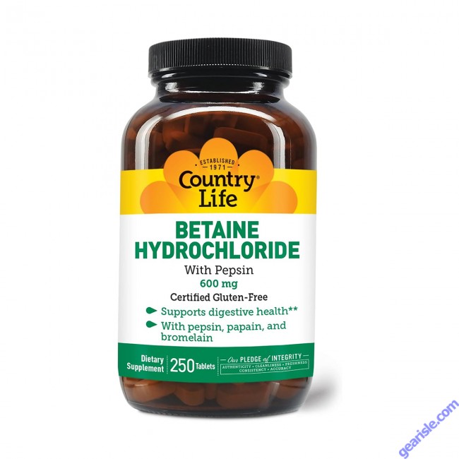Country Life Betaine Hydrochloride Pepsin & Enzymes 600 mg 250 Tablets ...