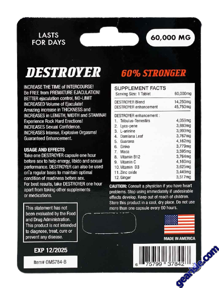 Destroyer 60000mg Pill High Potency Male Enhancer