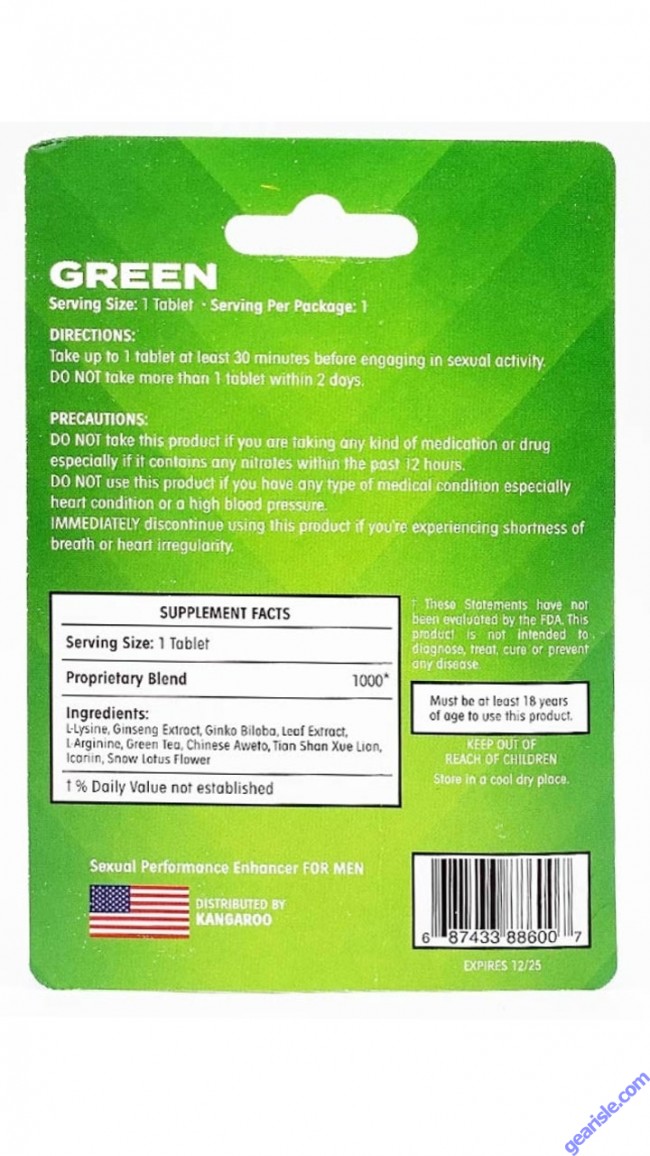 Kangaroo Green 1000mg Pill Max Strength Male Enhancer