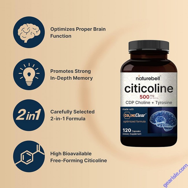 NatureBell Citicoline Tyrosine CDP Choline & Brain Support 120 Capsules ...