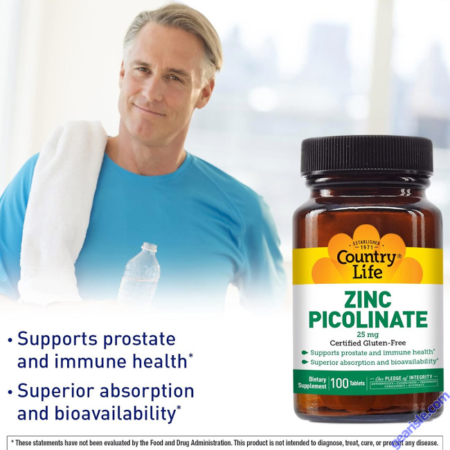 Buy Country Life Zinc Picolinate 25mg Skincare Prostate & Immune Health ...